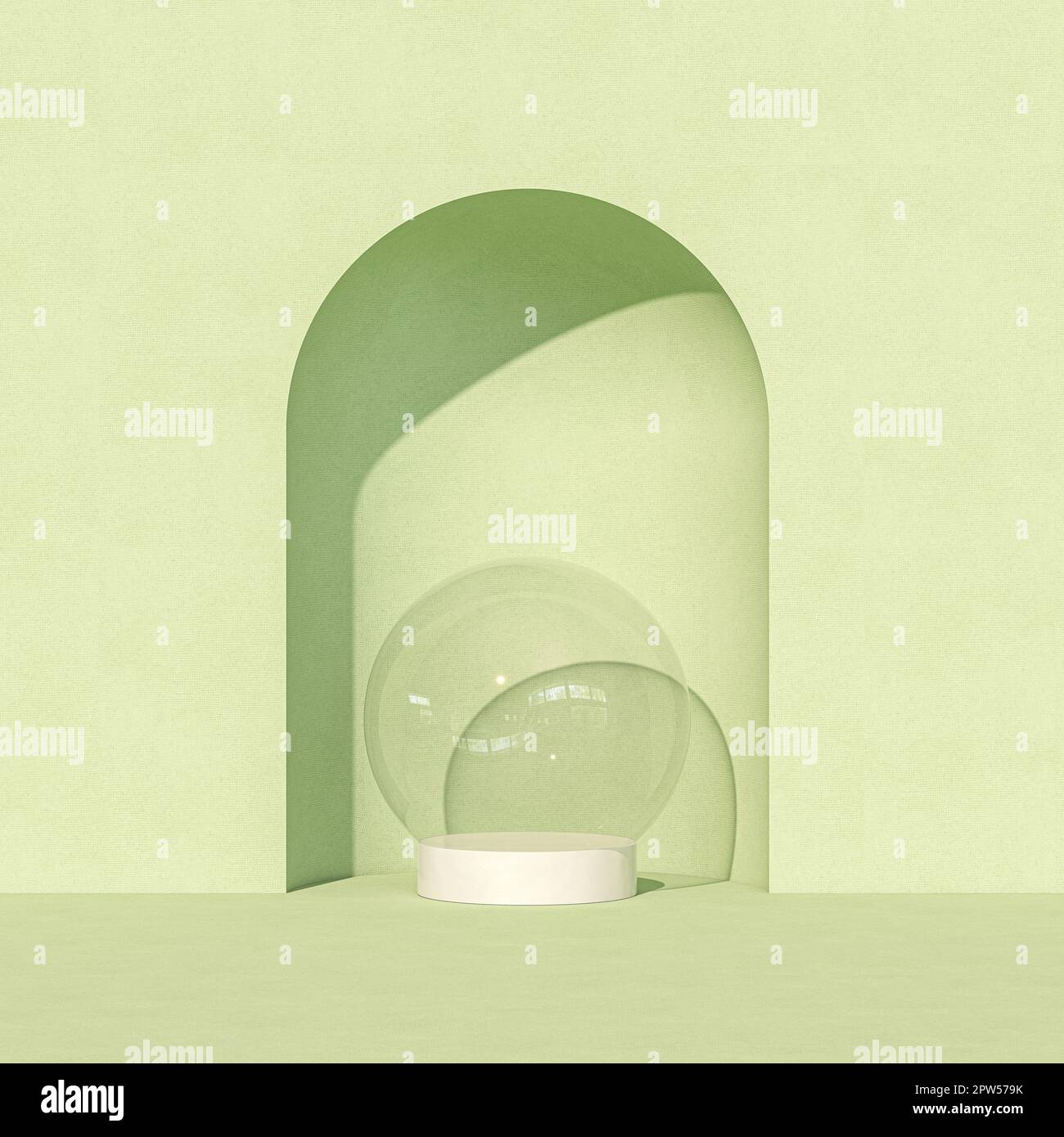 green wall background niche with crystal ball and podium. 3d render ...
