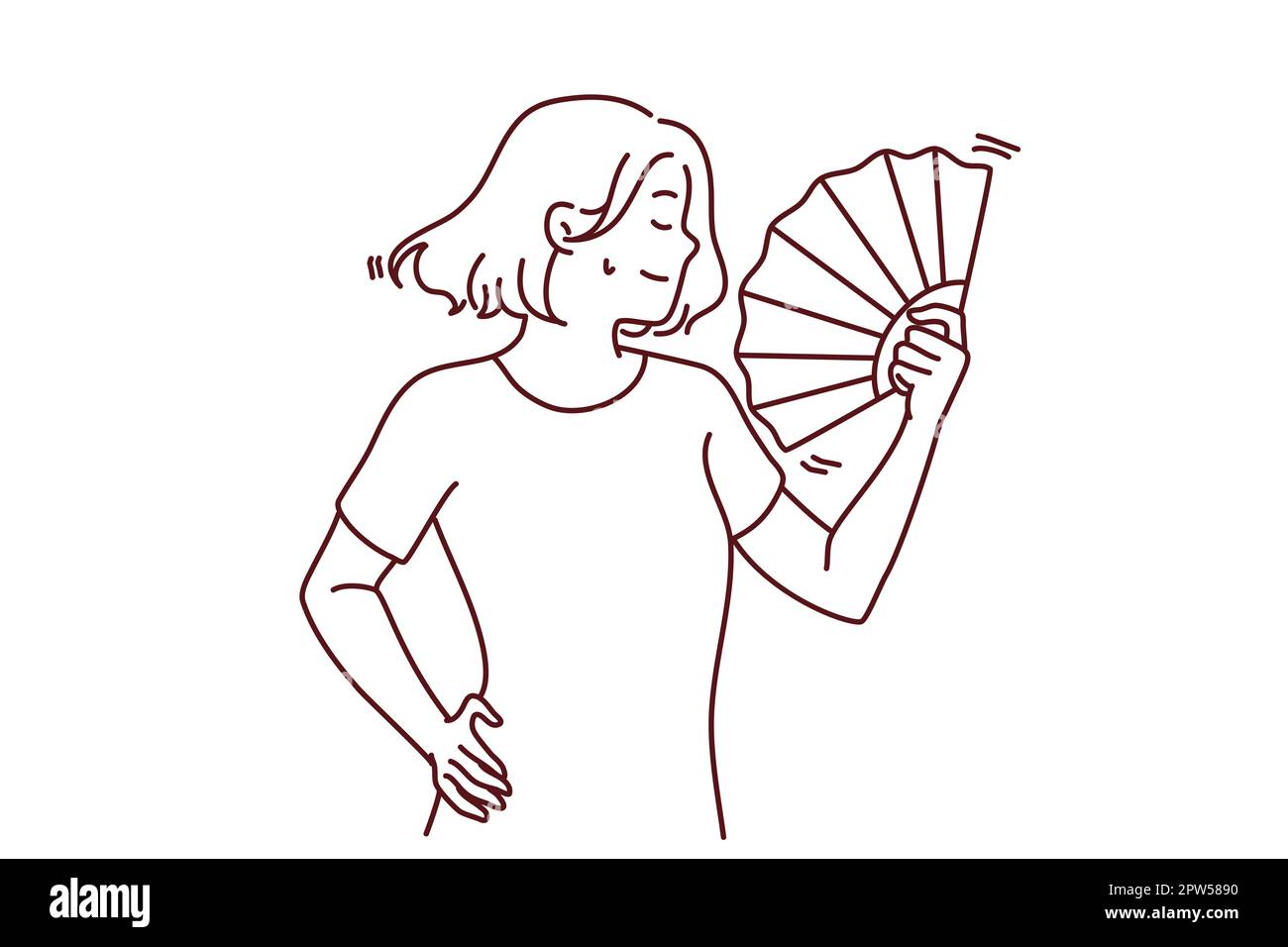 Young woman suffer from hot weather wave with hand fan. Unwell female ...