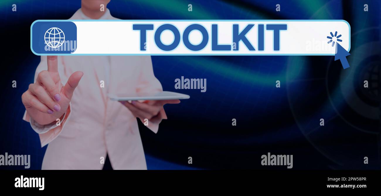 Sign displaying Toolkit, Business overview set of tools kept in a bag or box and used for a ...