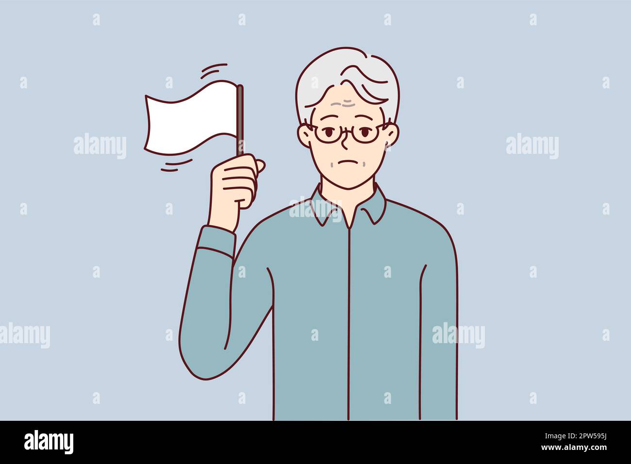 Elderly man with sad face stands showing white flag as sign of lack of ...