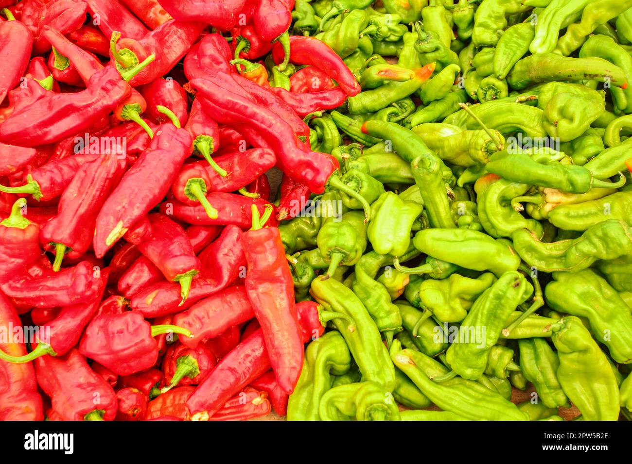 Red and green peppers displayed on food market in Kyrenia, Northern ...