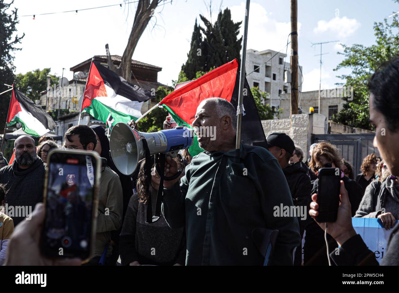 East Jerusalem, Israel. 28th Apr, 2023. A Palestinian activist speaks ...