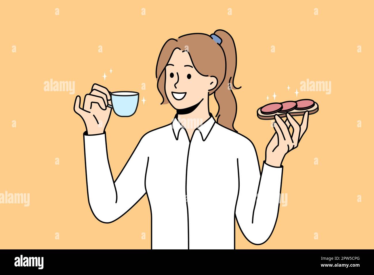Woman drinking tea eating sandwich Stock Vector Images - Alamy