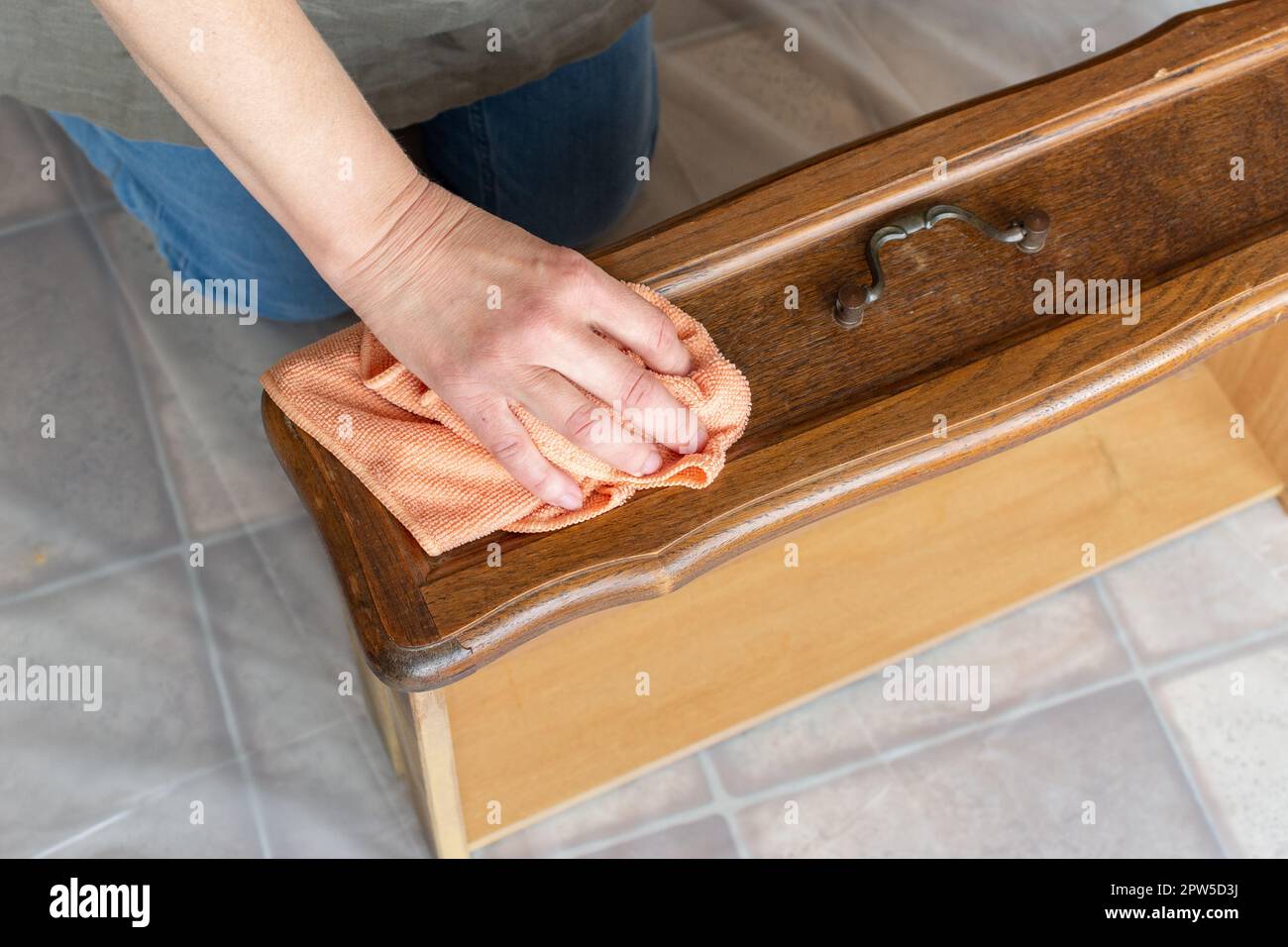 Restoration of antique furniture. Dresser makeover. Cleaning Stock ...