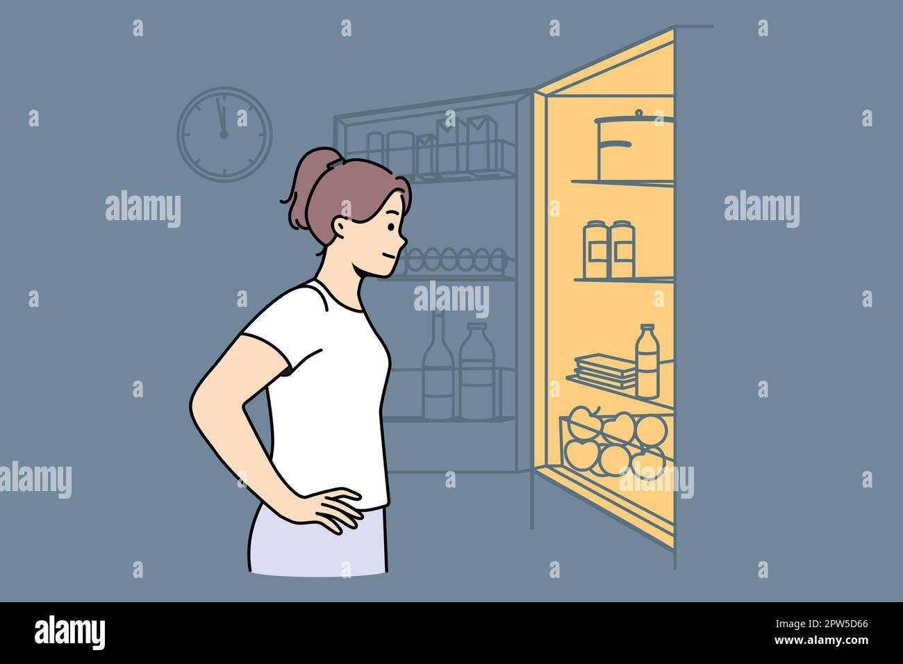 Bored young woman look in fridge at night. Millennial female feel ...