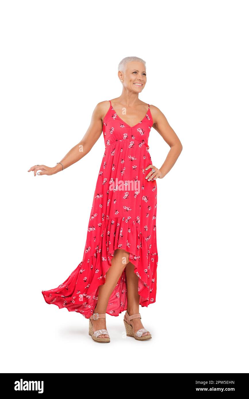 Happy middle-aged woman in sundress isolated on white Stock Photo - Alamy