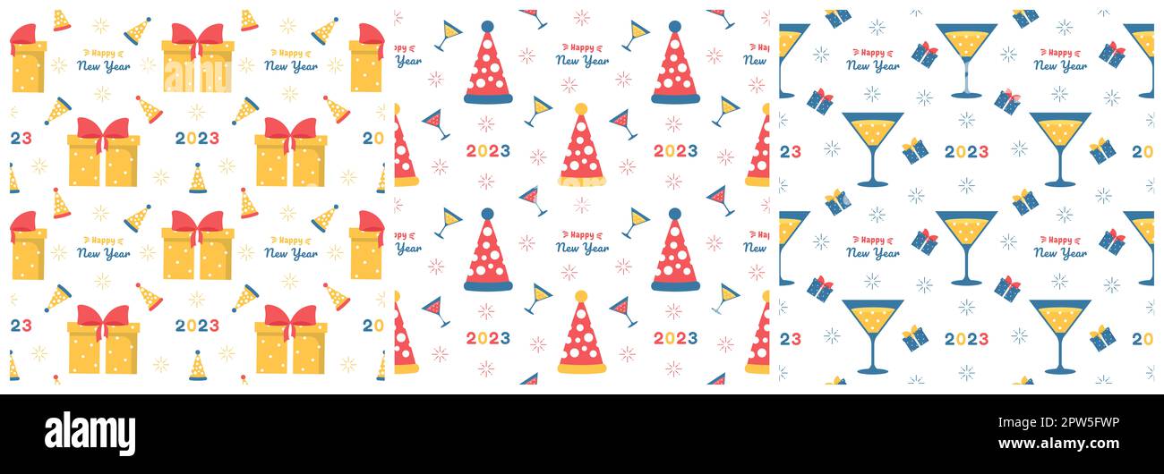 Set of Happy New Year 2023 Seamless Pattern Design with Decoration in ...