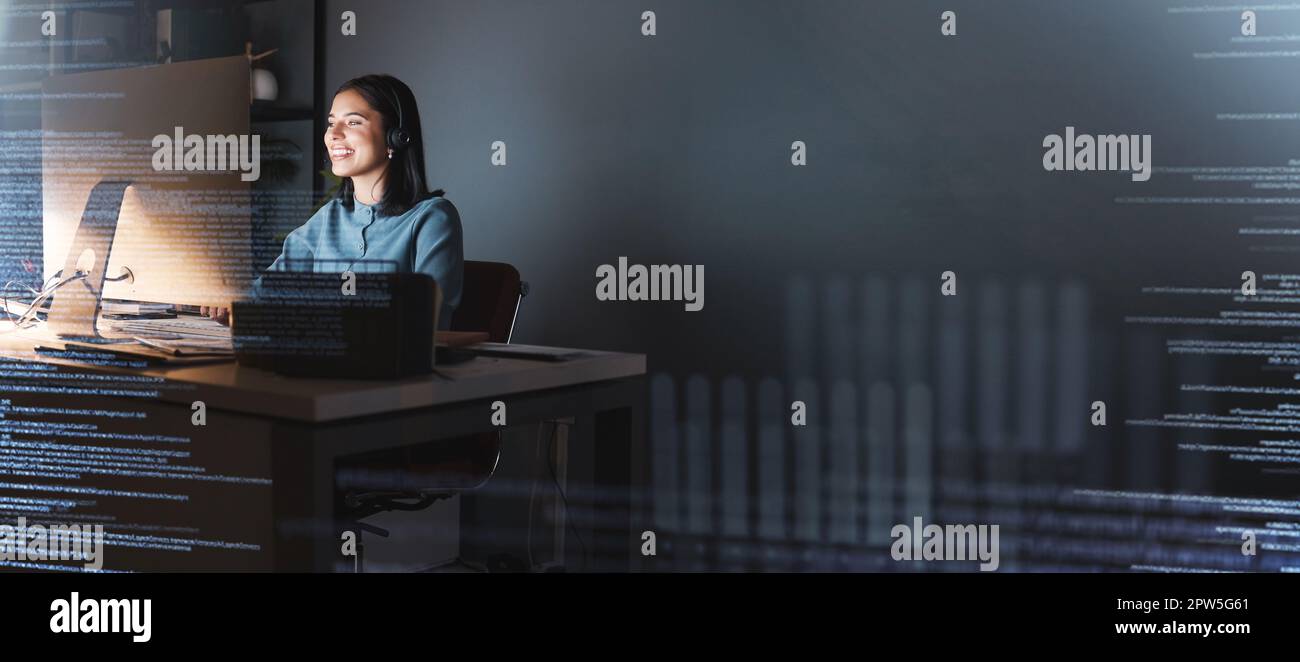 Office woman, digital overlay and night with computer, it vision or ...