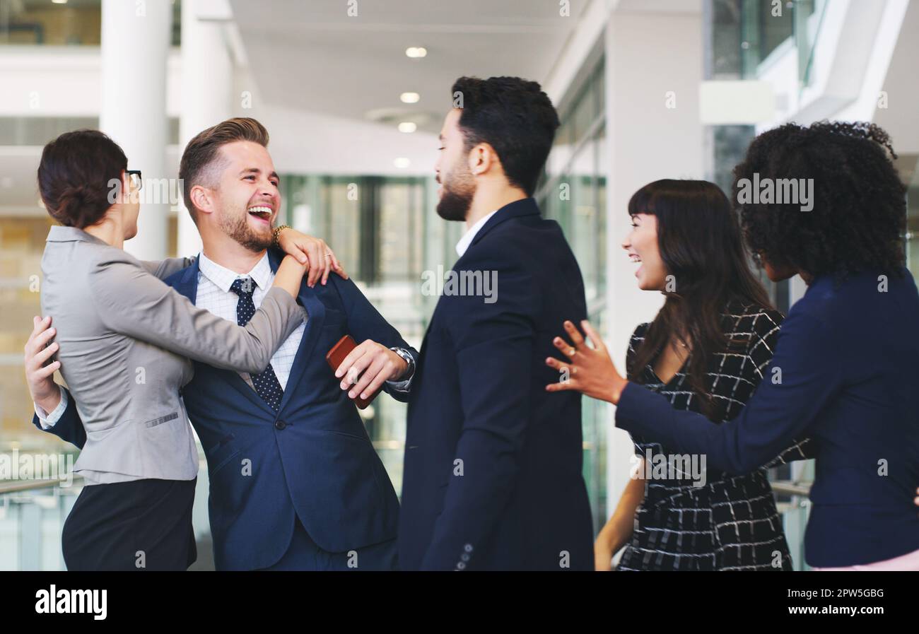 Business people, hug and friends in social fun together for business ...