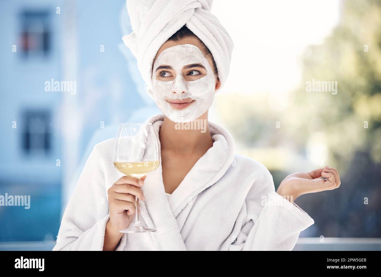 Wellness, woman and skincare mask with wine for relaxing self care ...