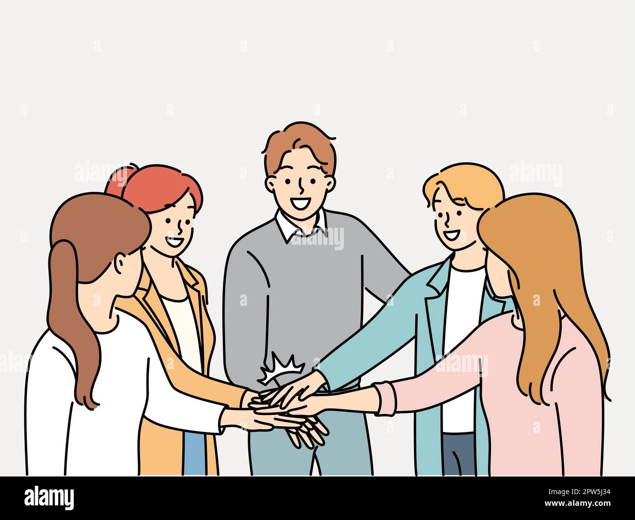 Happy colleagues stack hands involved in teambuilding Stock Vector ...