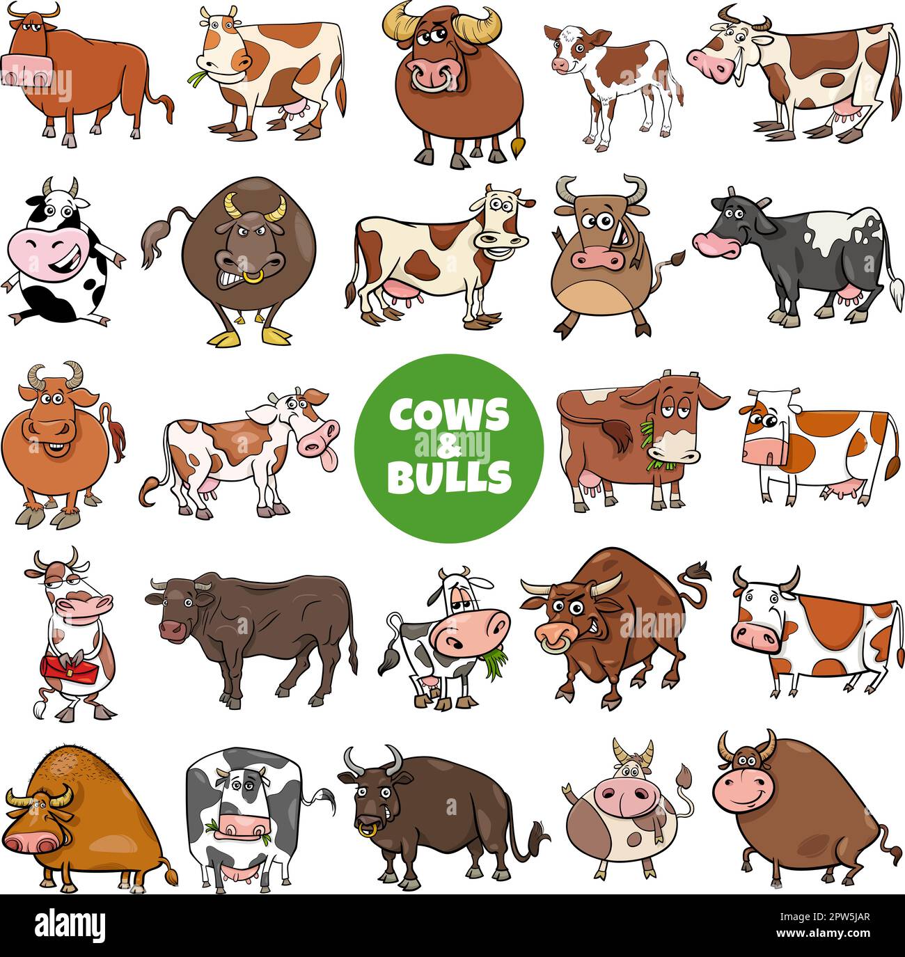 cartoon cows and bulls farm animal characters big set Stock Vector ...