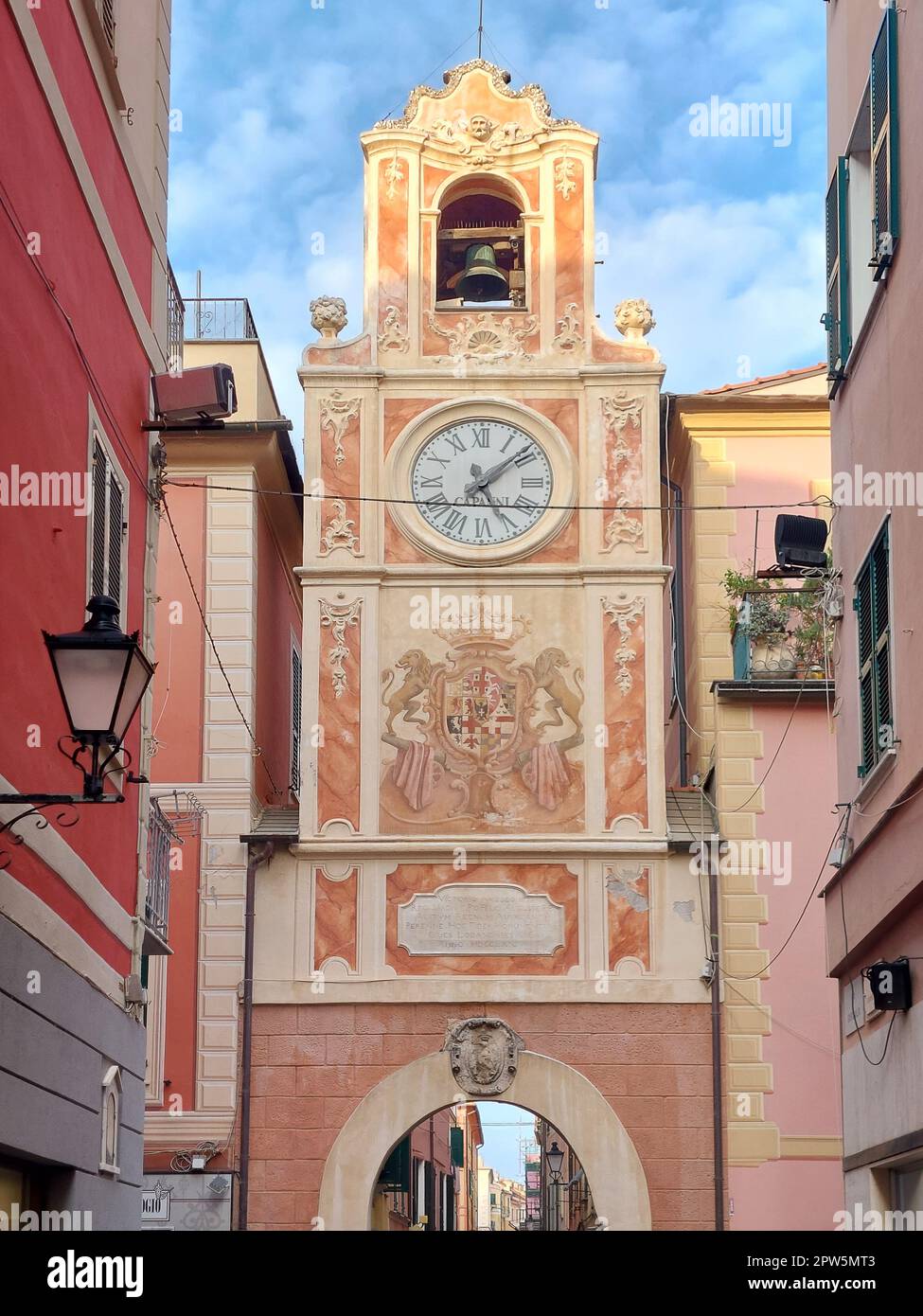 Clock tower in the old town of Loano, village on the Italian Riviera ...