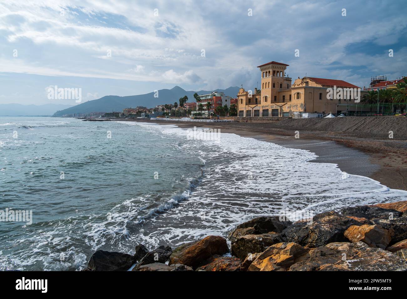 The shore of Loano on the mediterranean sea on the Italian Riviera ...