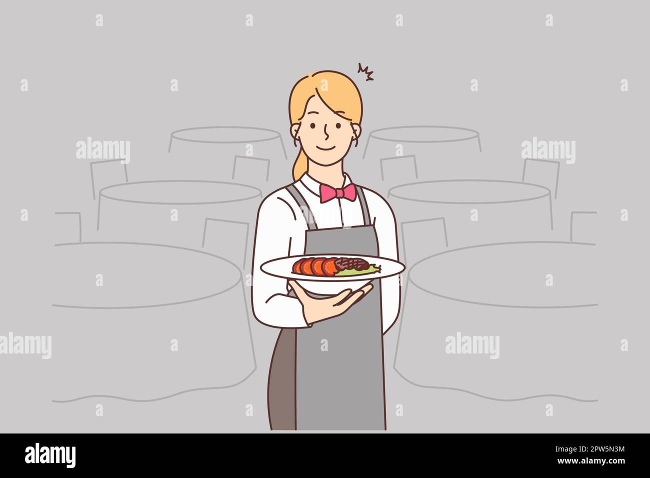 Smiling waitress in uniform serving meal in restaurant. Happy ...