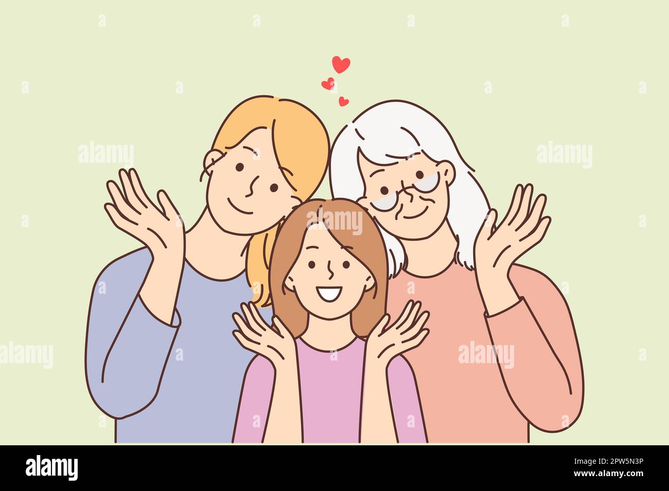 Portrait of smiling three generations of women posing together waving ...