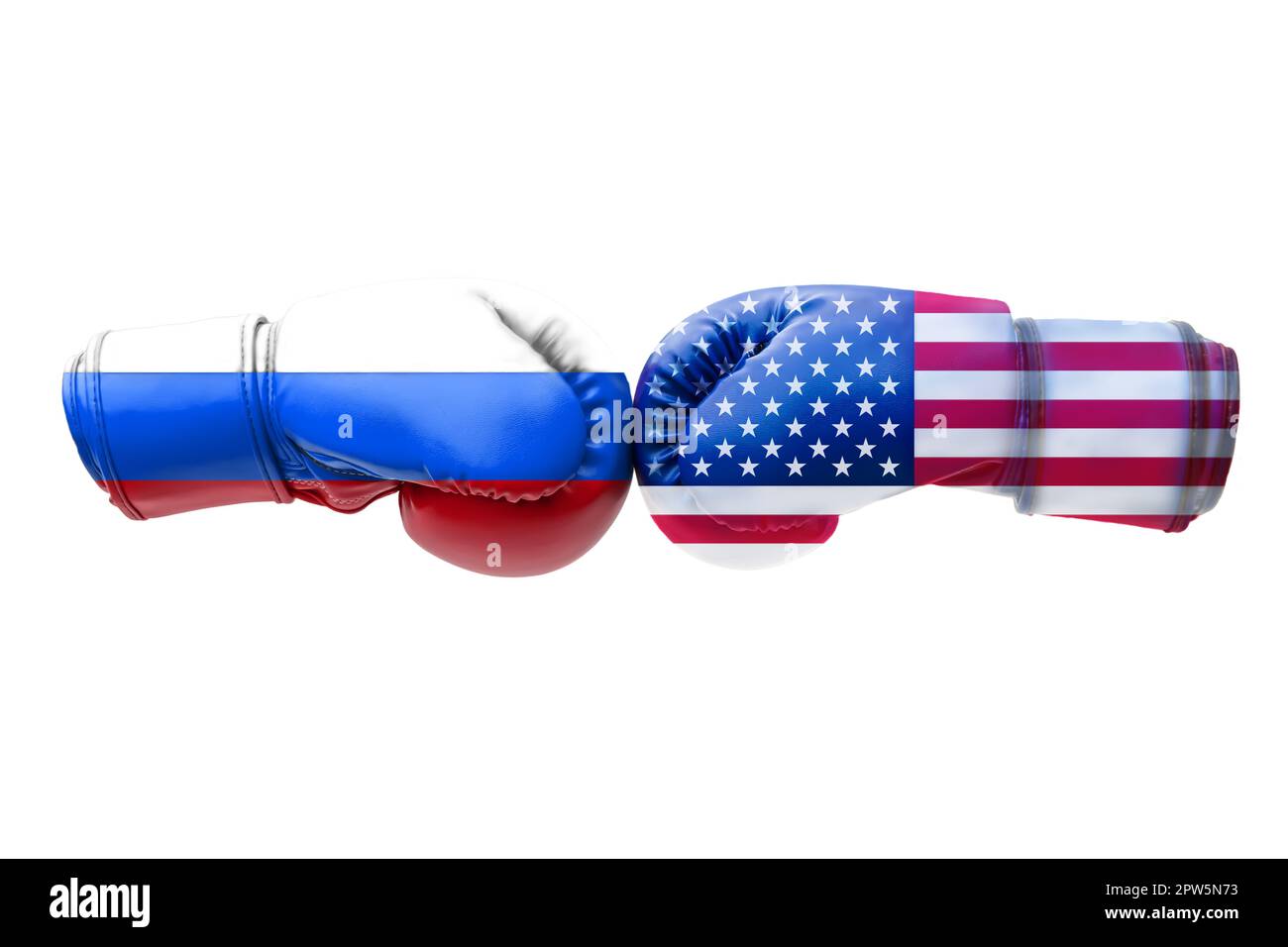 3D illustration flags of Russia and USA on boxing gloves isolated on a ...