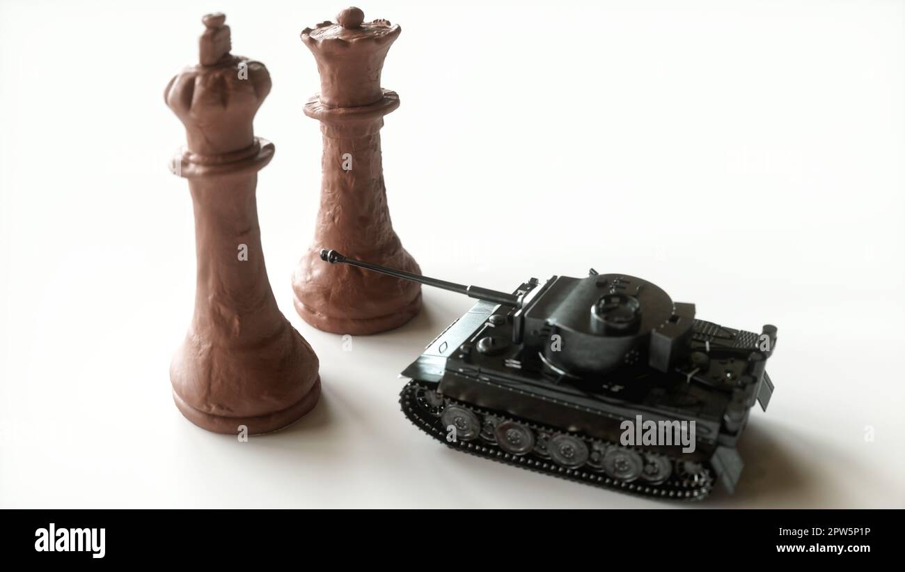 Toy tanks with chess on chessboard. Concept of military strategy. -- 3D ...