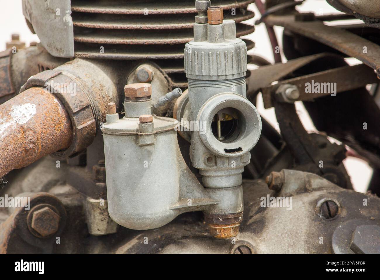 Old carburettor in the engine of an antique car for many years Stock ...