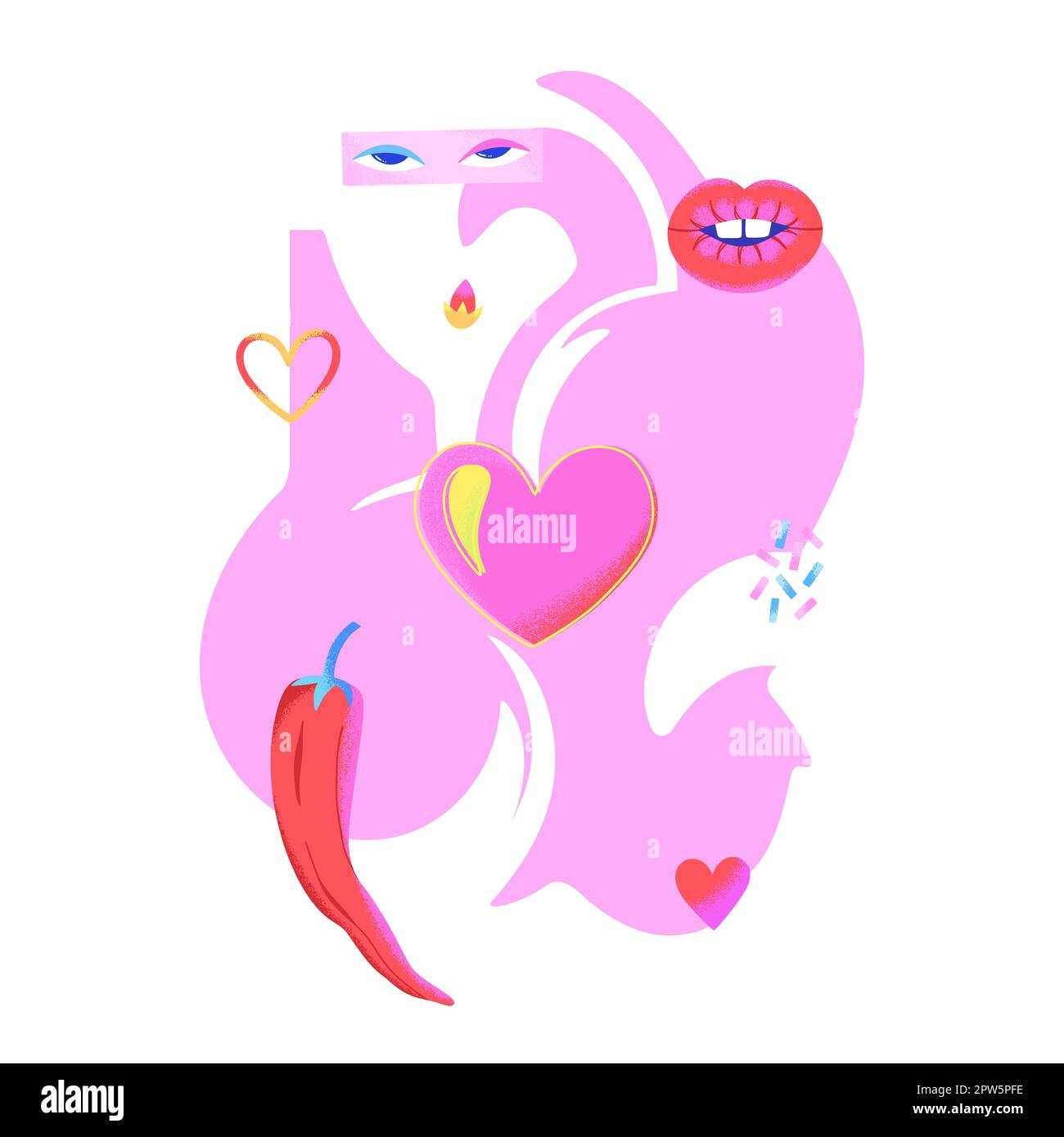 Pink psychedelic abstract composition with hearts, lips, eyes, chilli ...