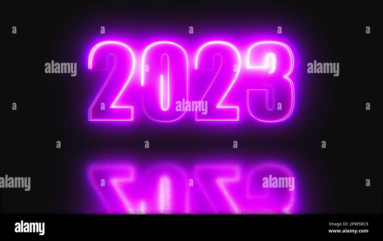 2023 neon text with reflection. Computer generated 3d render Stock ...