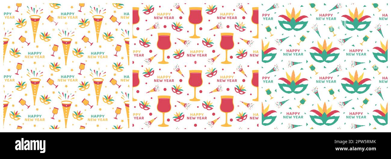 Set of Happy New Year 2023 Seamless Pattern Design with Decoration in ...