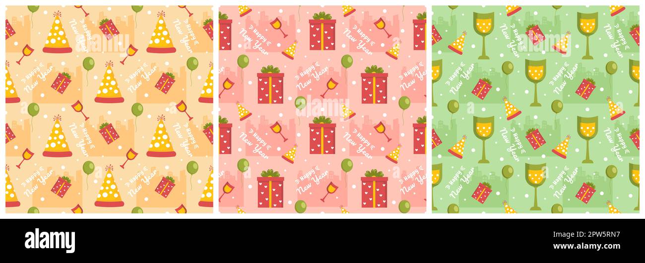 Set of Happy New Year 2023 Seamless Pattern Design with Decoration in ...