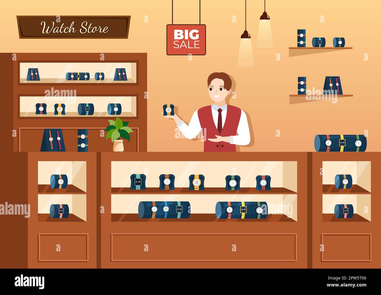 Watches Store with Various Models, Analog and Digital in Flat Cartoon ...