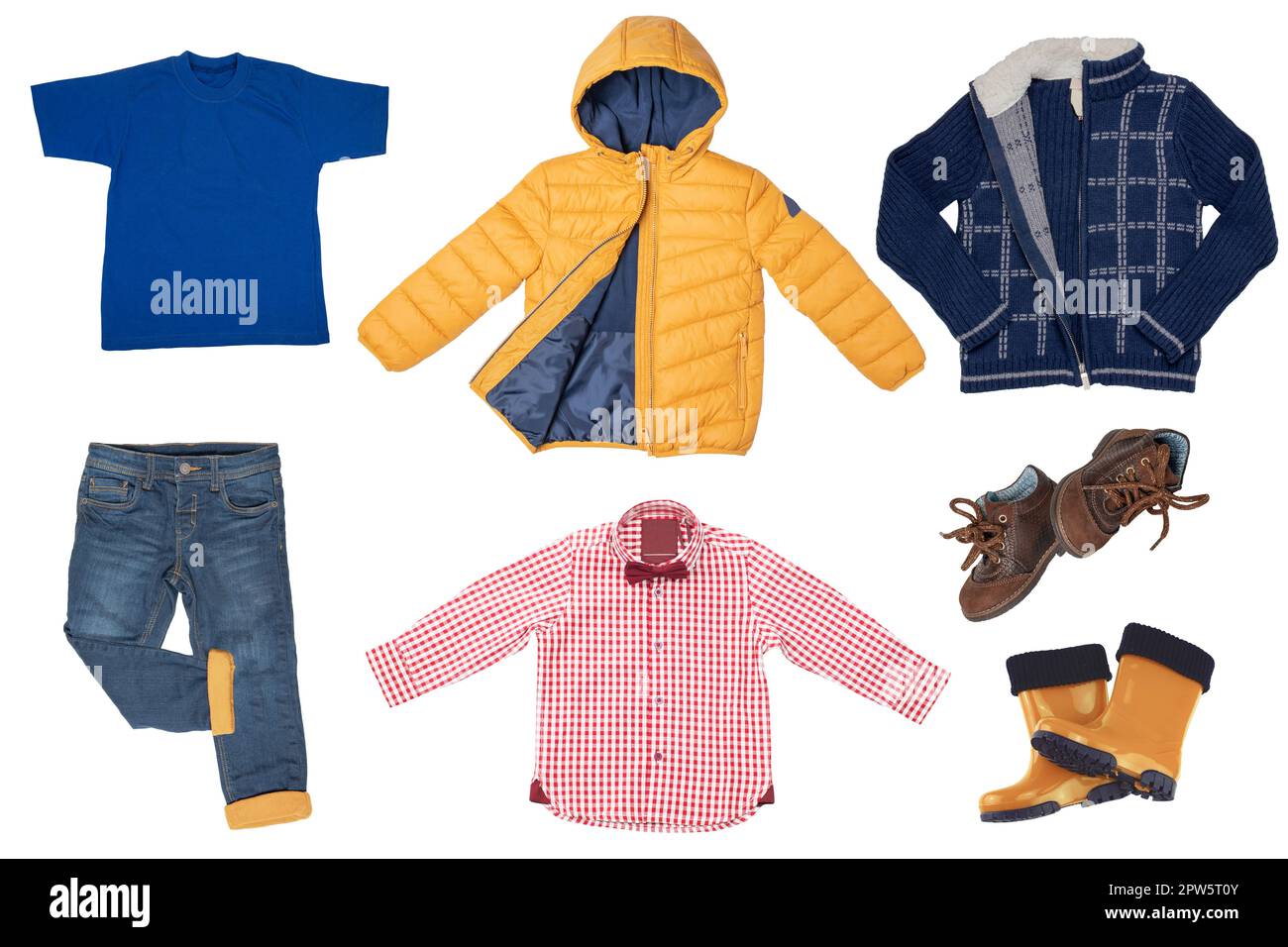 Collage set of little boys autumn clothes isolated on a white ...