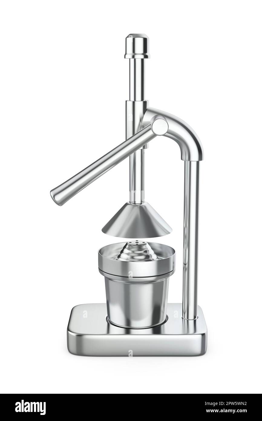 Side view of silver citrus juicer on white background Stock Photo - Alamy