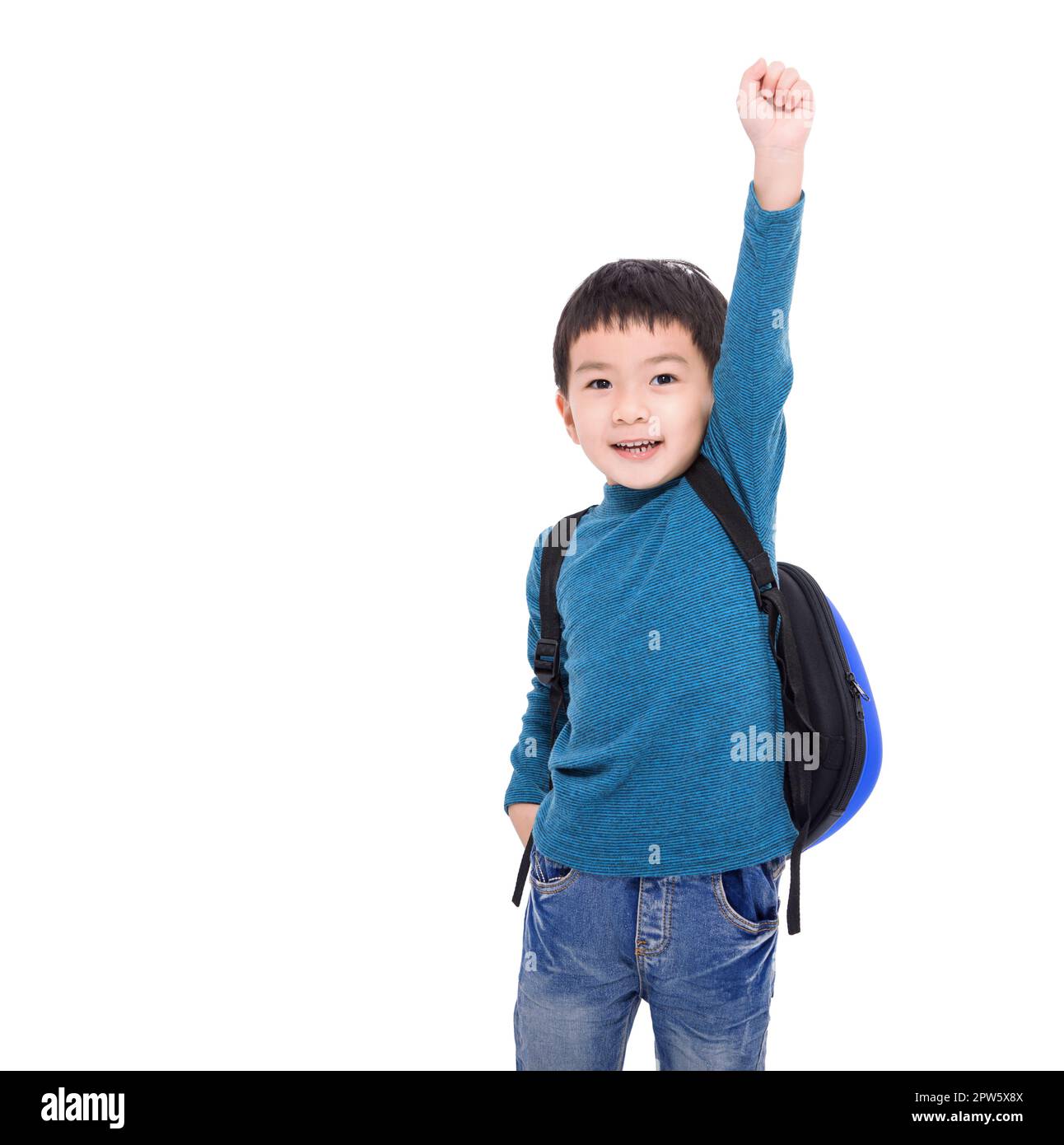 Happy asian kid student raising hand Stock Photo - Alamy