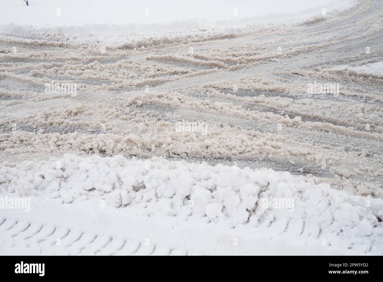 A fork or siding from a roundabout. Snowdrifts on the side of the road ...
