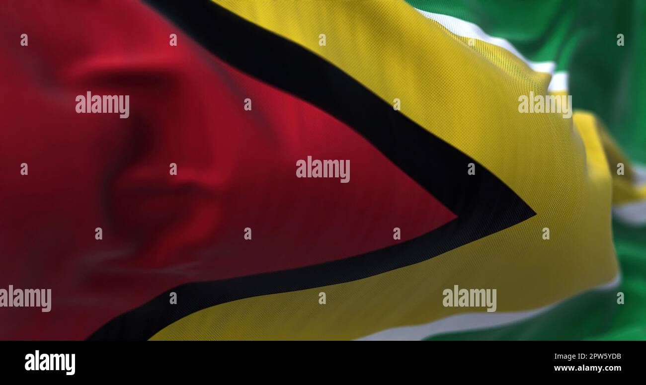 Close-up view of the Guyana national flag waving in the wind. The Co‑operative Republic of ...