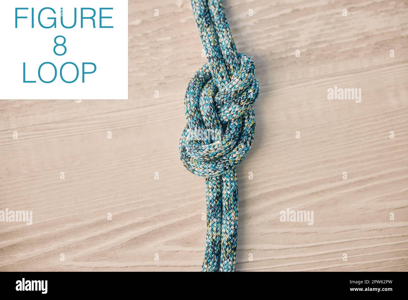 Hiking rope, knot or exercise security on table, desk or wood ...