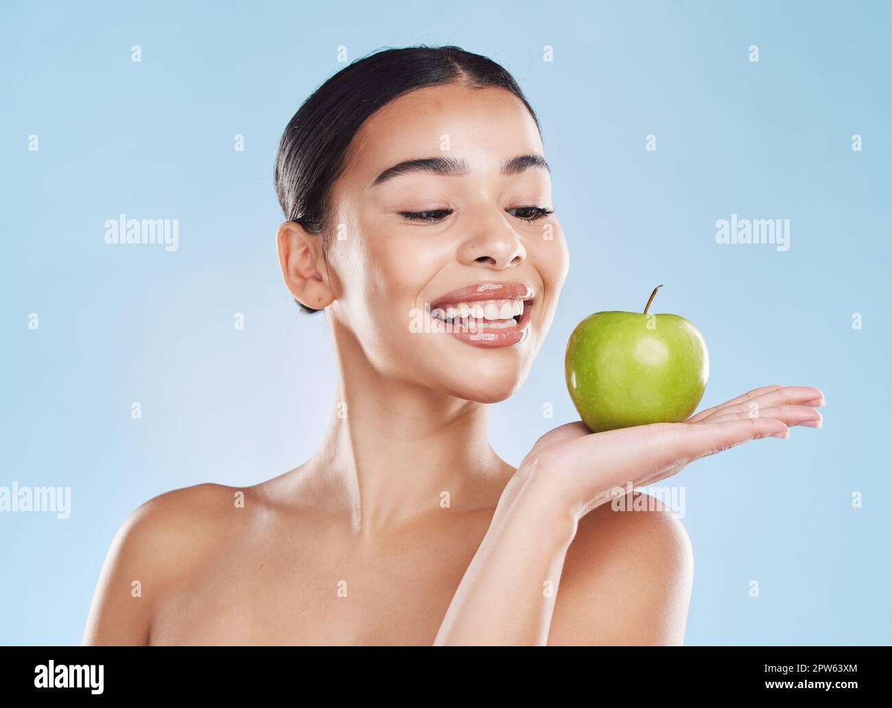 Skincare, healthcare beauty woman with apple in hand with wellness ...