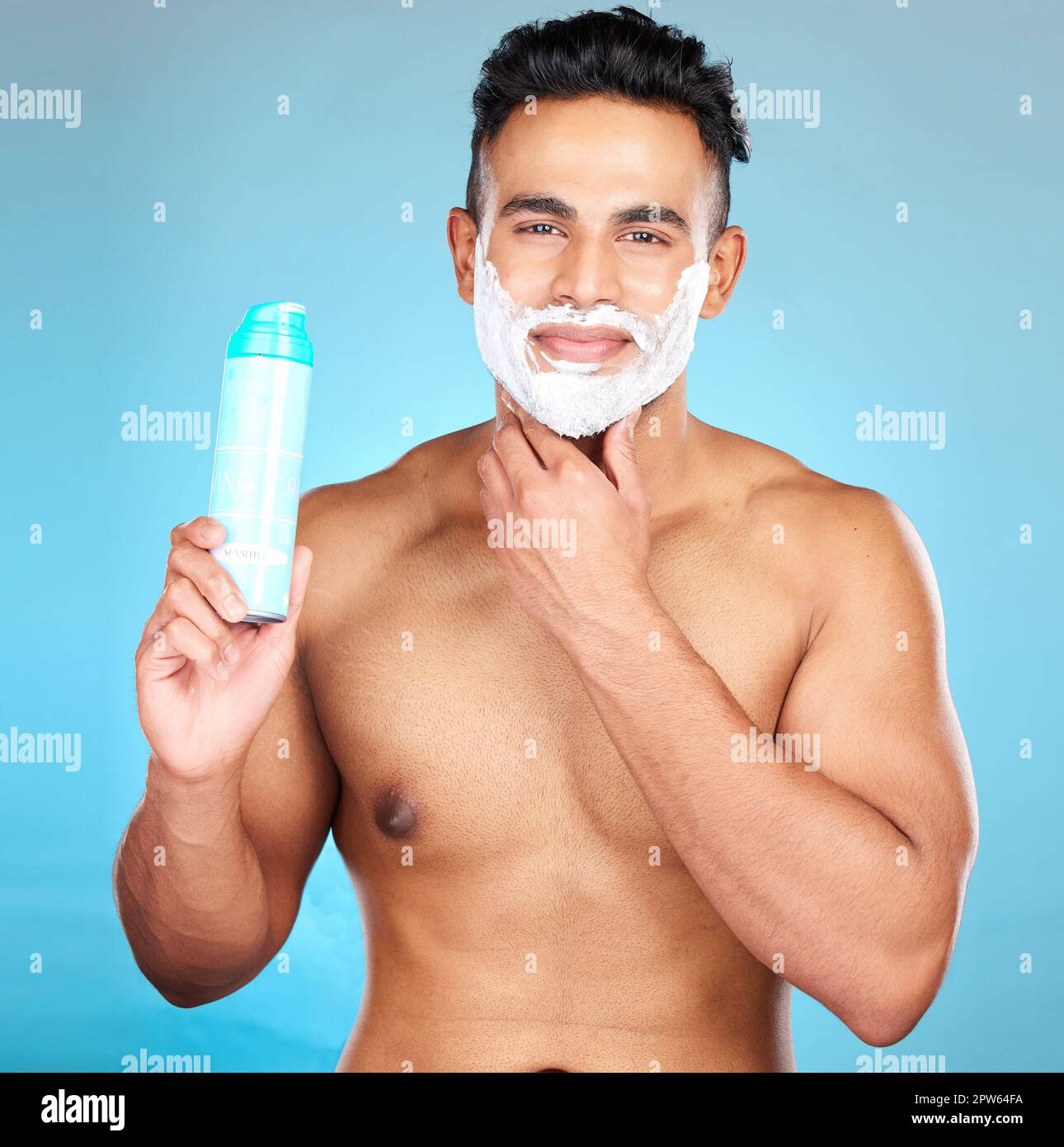 Man, facial beauty and shaving foam for beard grooming care portrait, hair removal or cosmetics ...