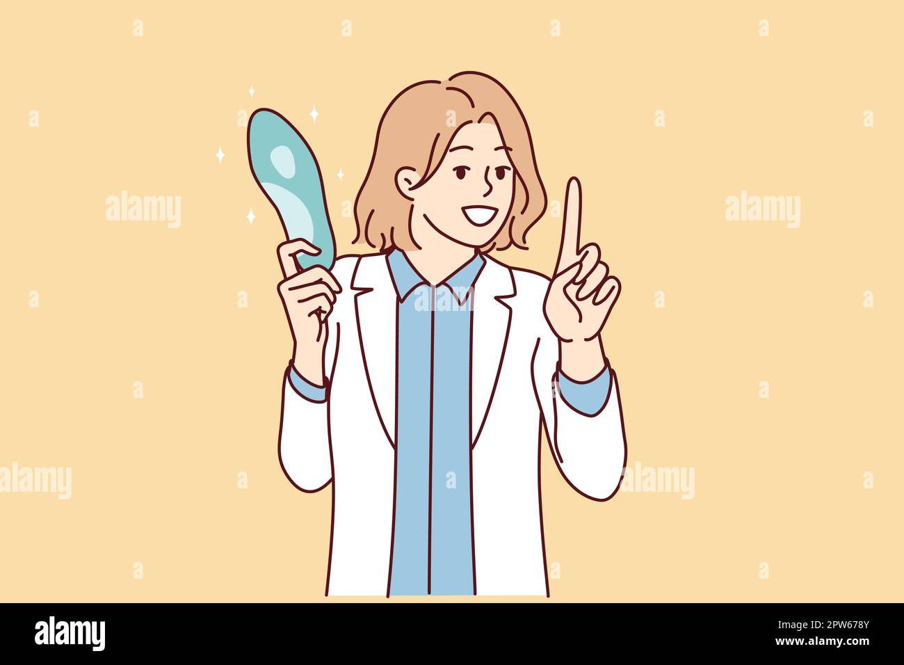 Female doctor in white coat holding blue object giving recommendation ...