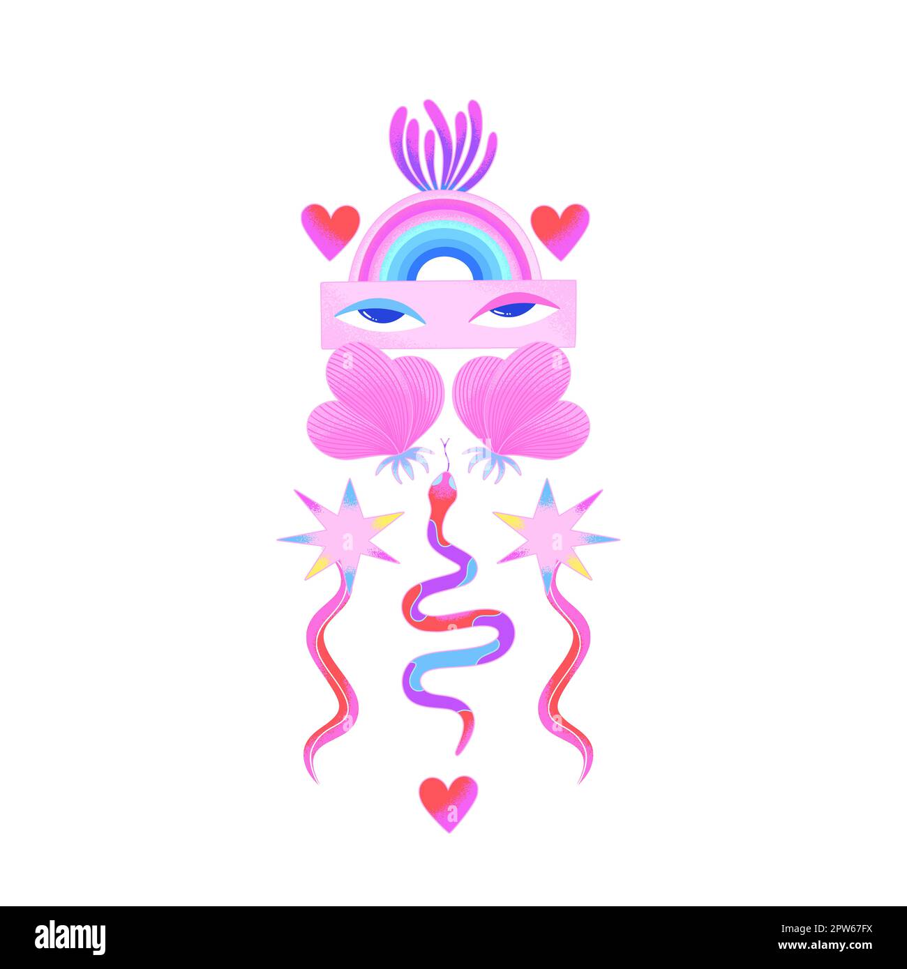 Colorful psychedelic composition with human eyes, snakes, stars ...