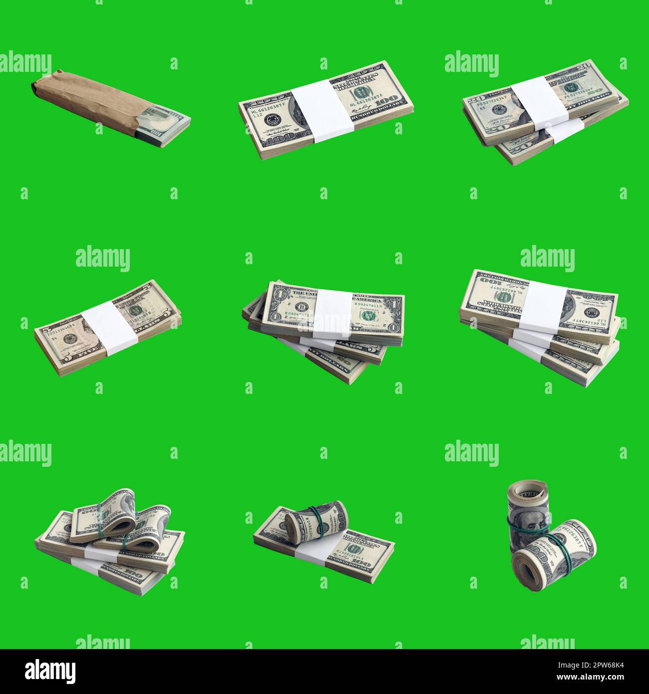 Big set of bundles of US dollar bills isolated on chroma key green ...