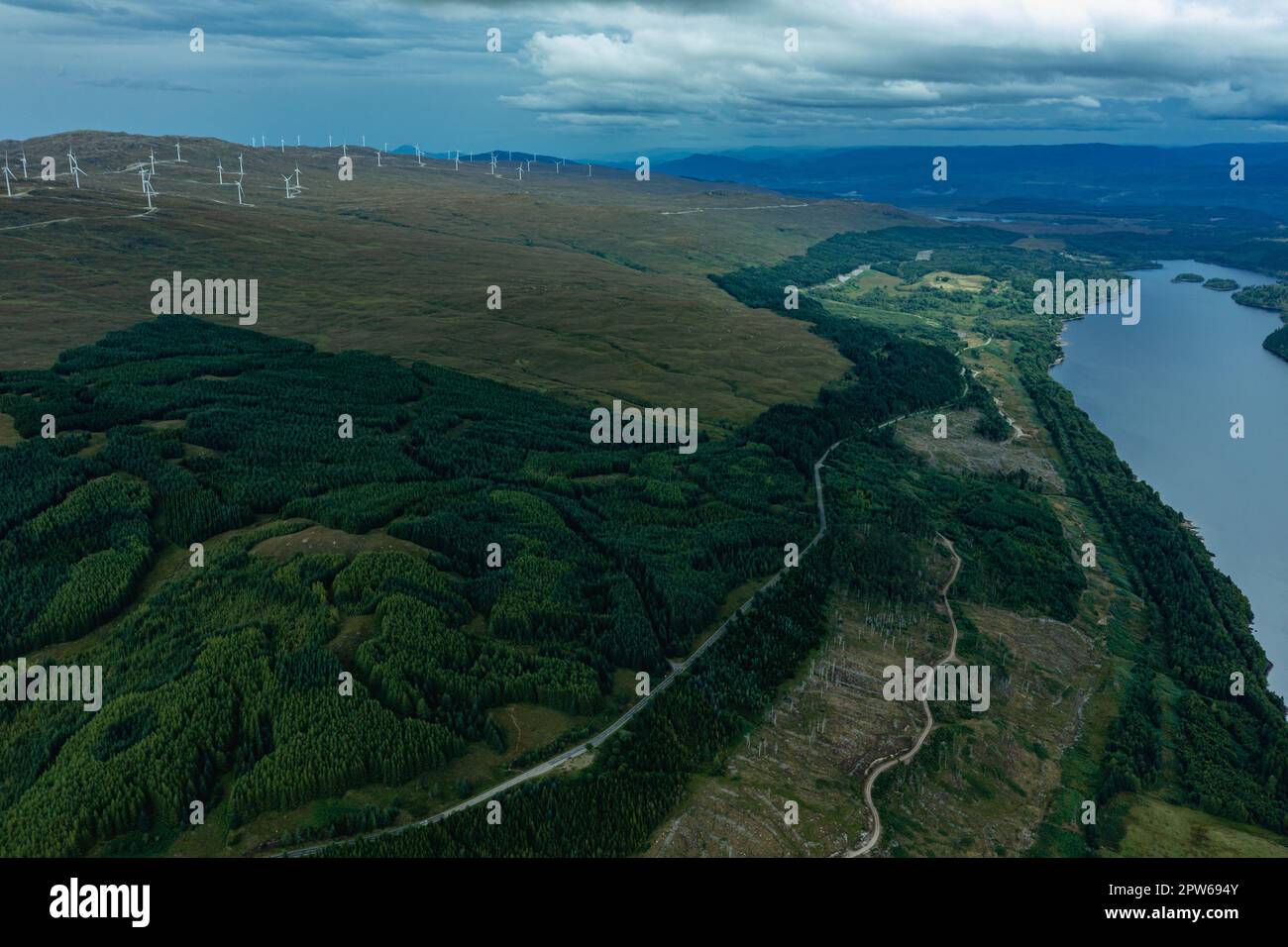 Aerial view of winding road in Scotland. Beautiful and clean nature ...