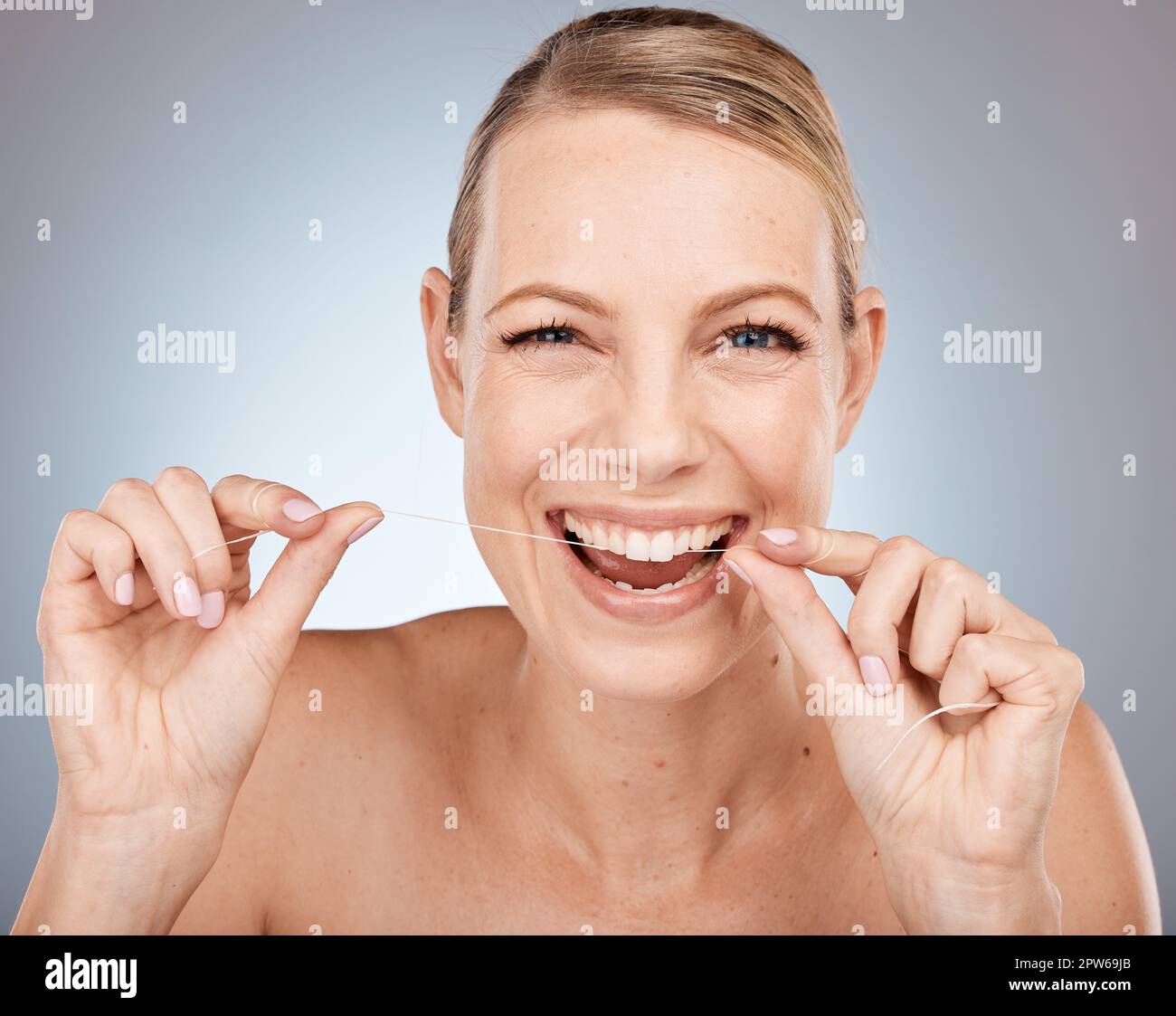Flossing, dental care and woman cleaning teeth, health smile and ...