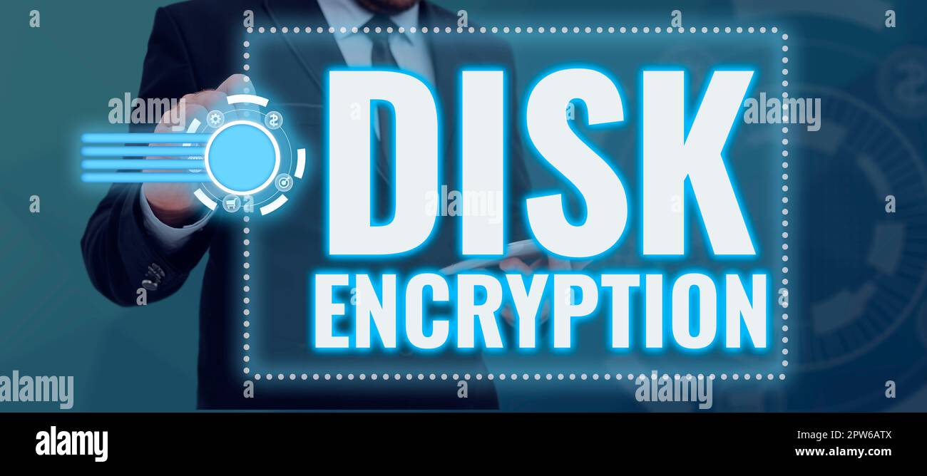 Text caption presenting Disk Encryption, Business overview the security mechanism used to ...