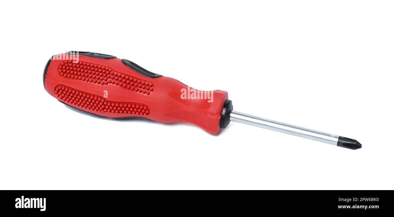 Screwdriver with a rubber handle on a white isolated background, close ...