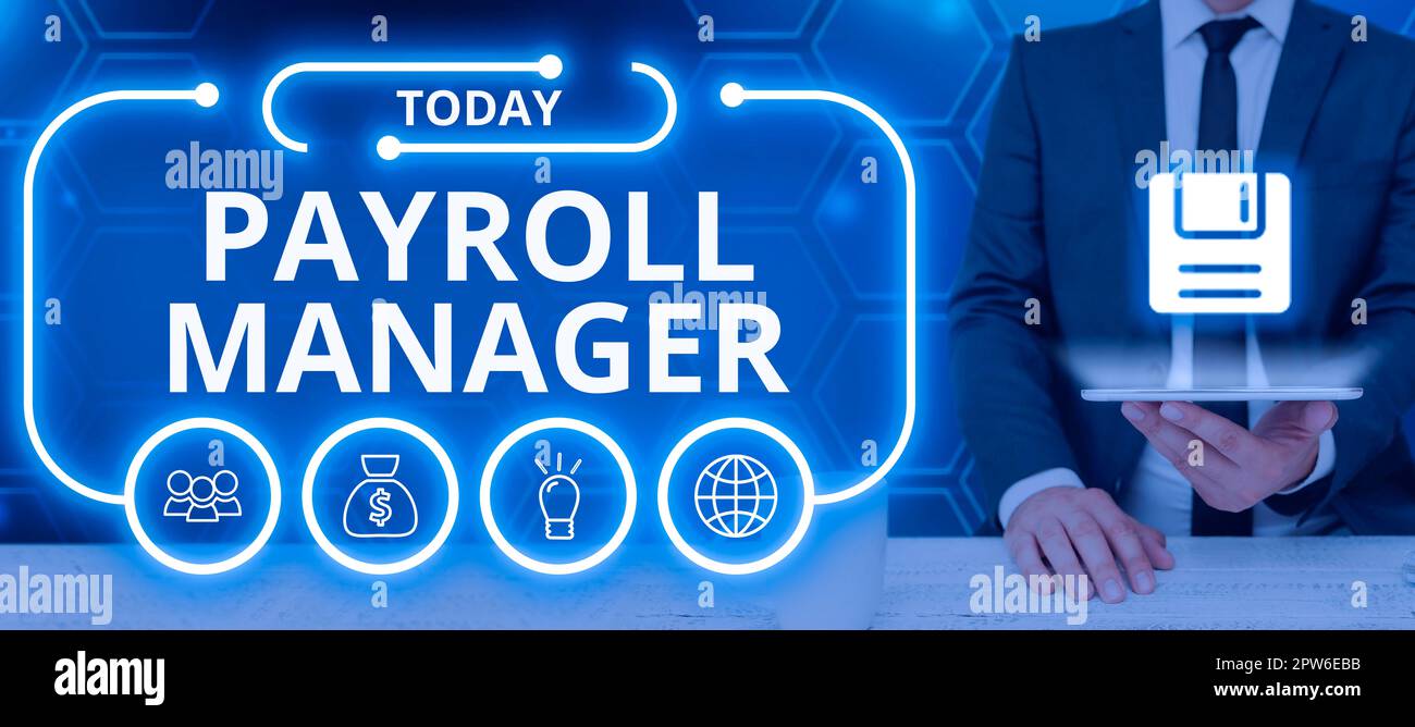Text caption presenting Payroll Manager, Business overview Maintains ...