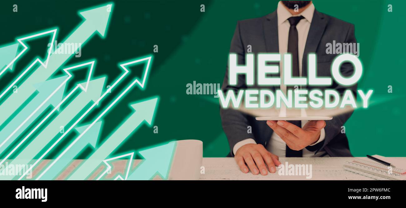 Text showing inspiration Hello Wednesday, Business overview Hump day ...