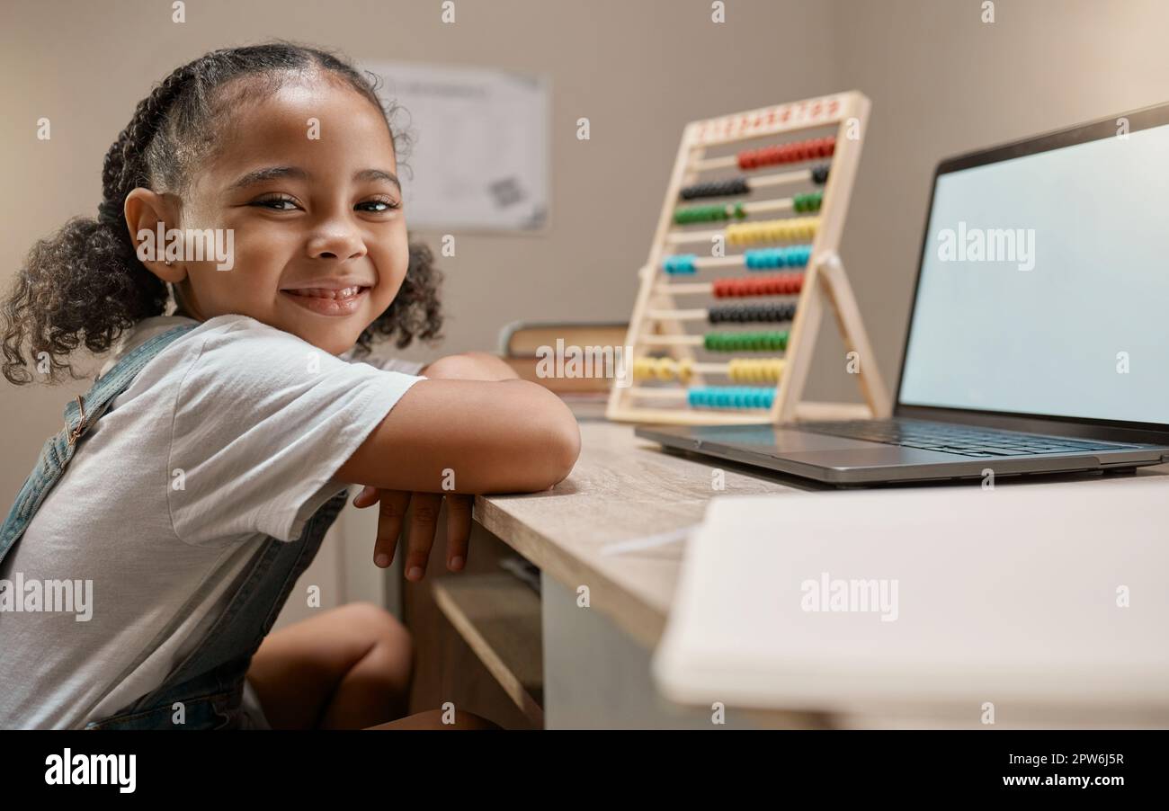 Laptop, mockup or girl learning math at home via elearning or online ...