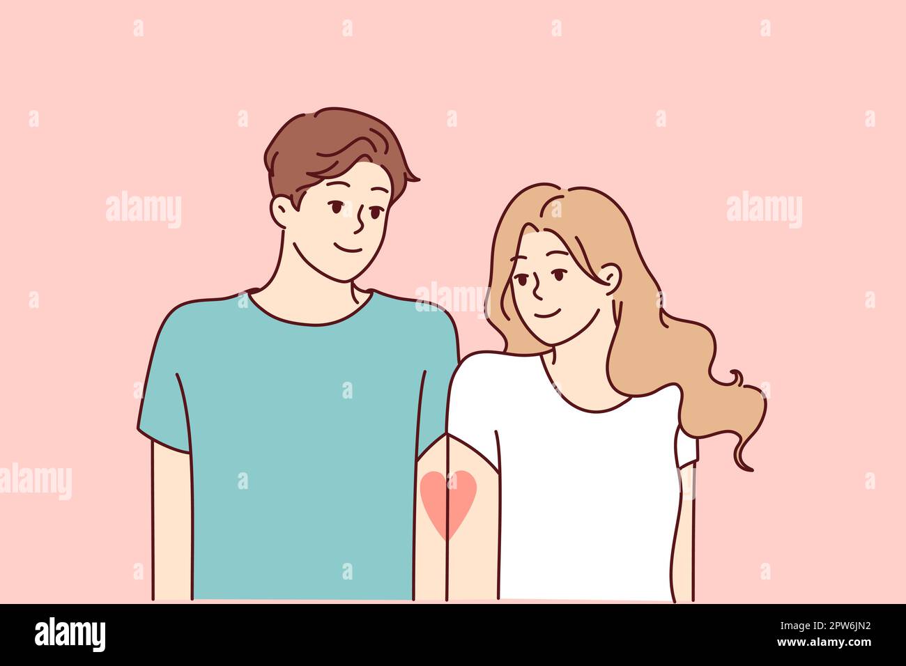 Romantic man and woman with tattoo in form of half heart on hands ...