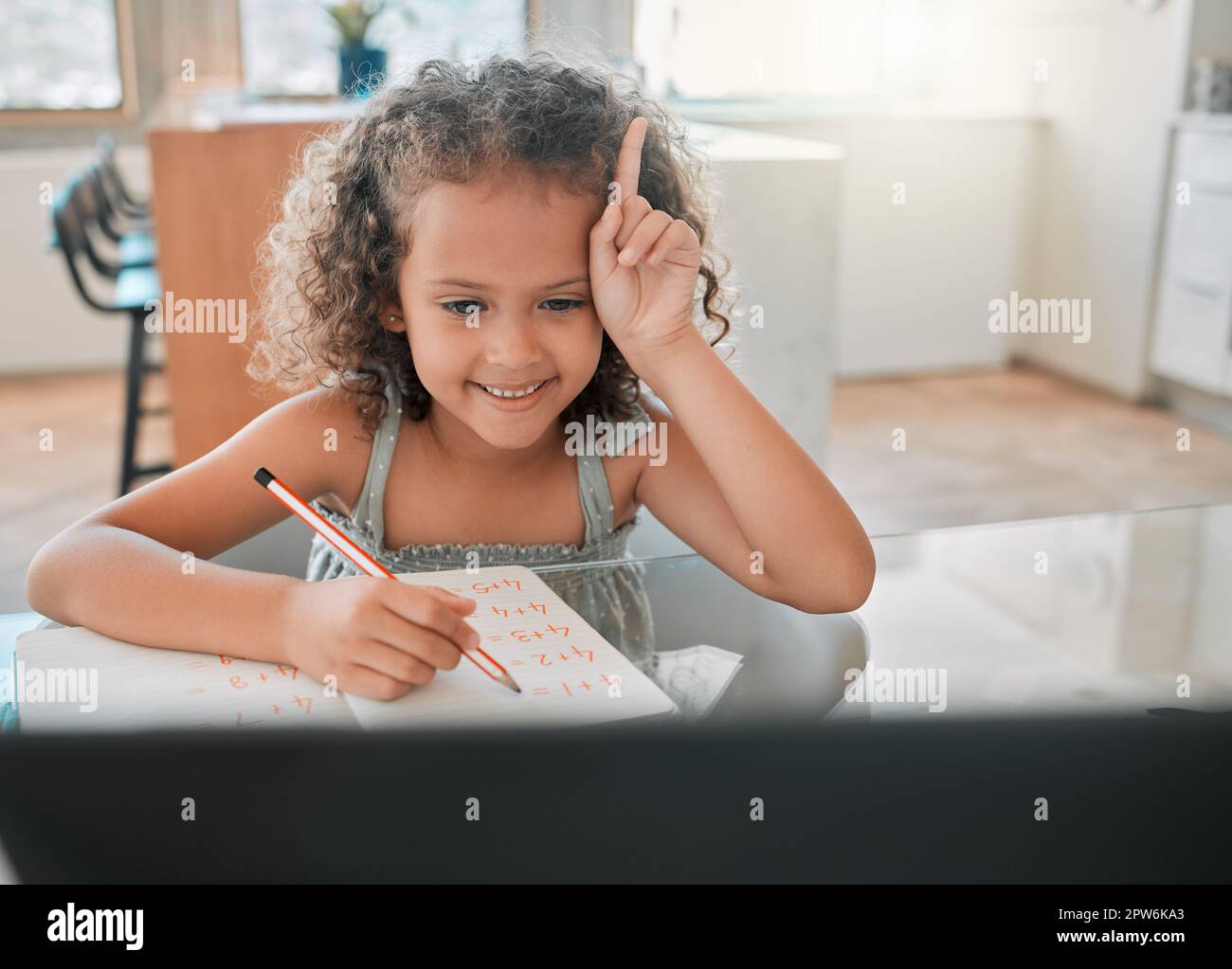 Education, distance learning child in online class, maths lesson with a ...
