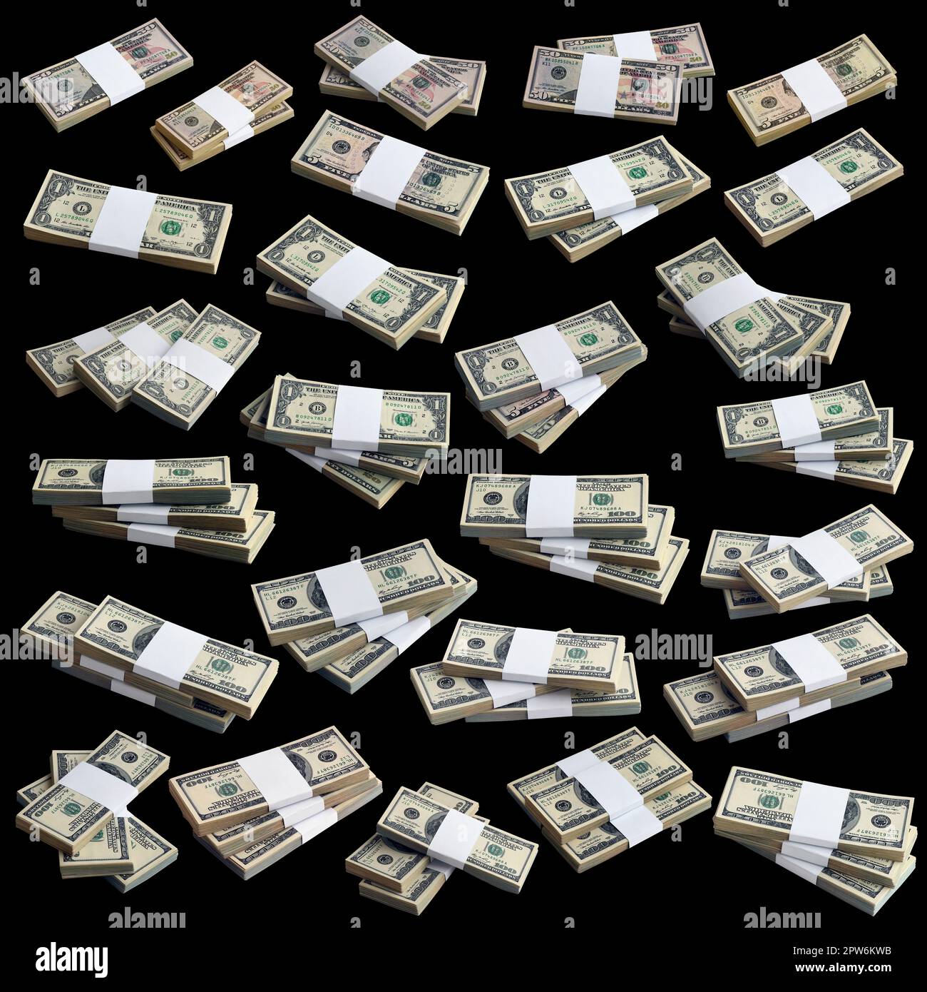 Big set of bundles of US dollar bills isolated on black. Collage with ...