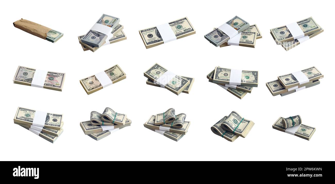 Big set of bundles of US dollar bills isolated on white. Collage with ...